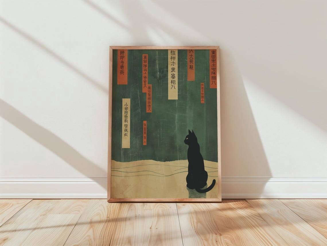 Asian Cat Silhouette Minimalist Calligraphy Scroll Green Beige Poster ...