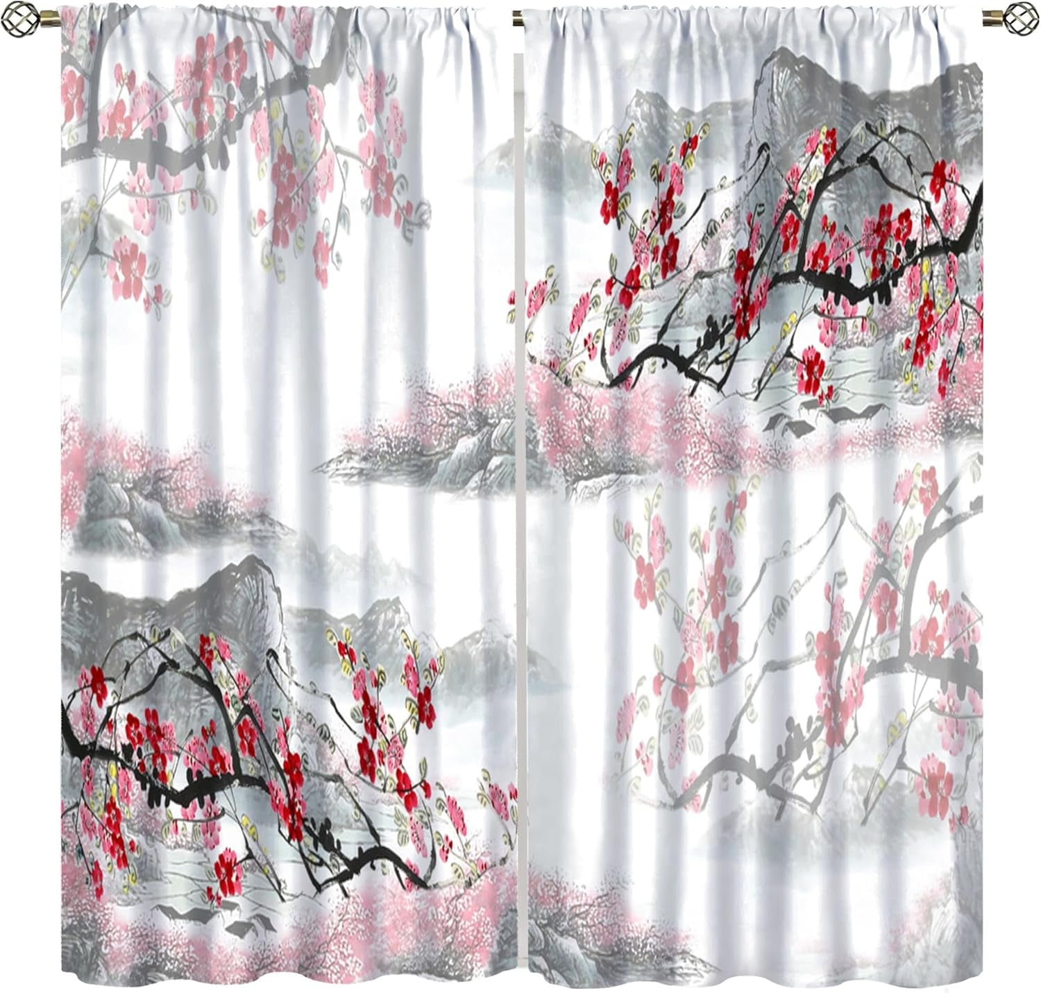 Asian Cherry Blossom Curtains, Retro Simple Red Japanese Ink Landscape ...