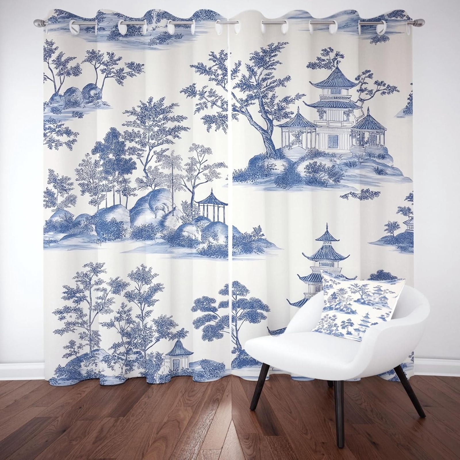 Asian Chinese Style Grommet Curtains, Blue White Landscape Blackout ...