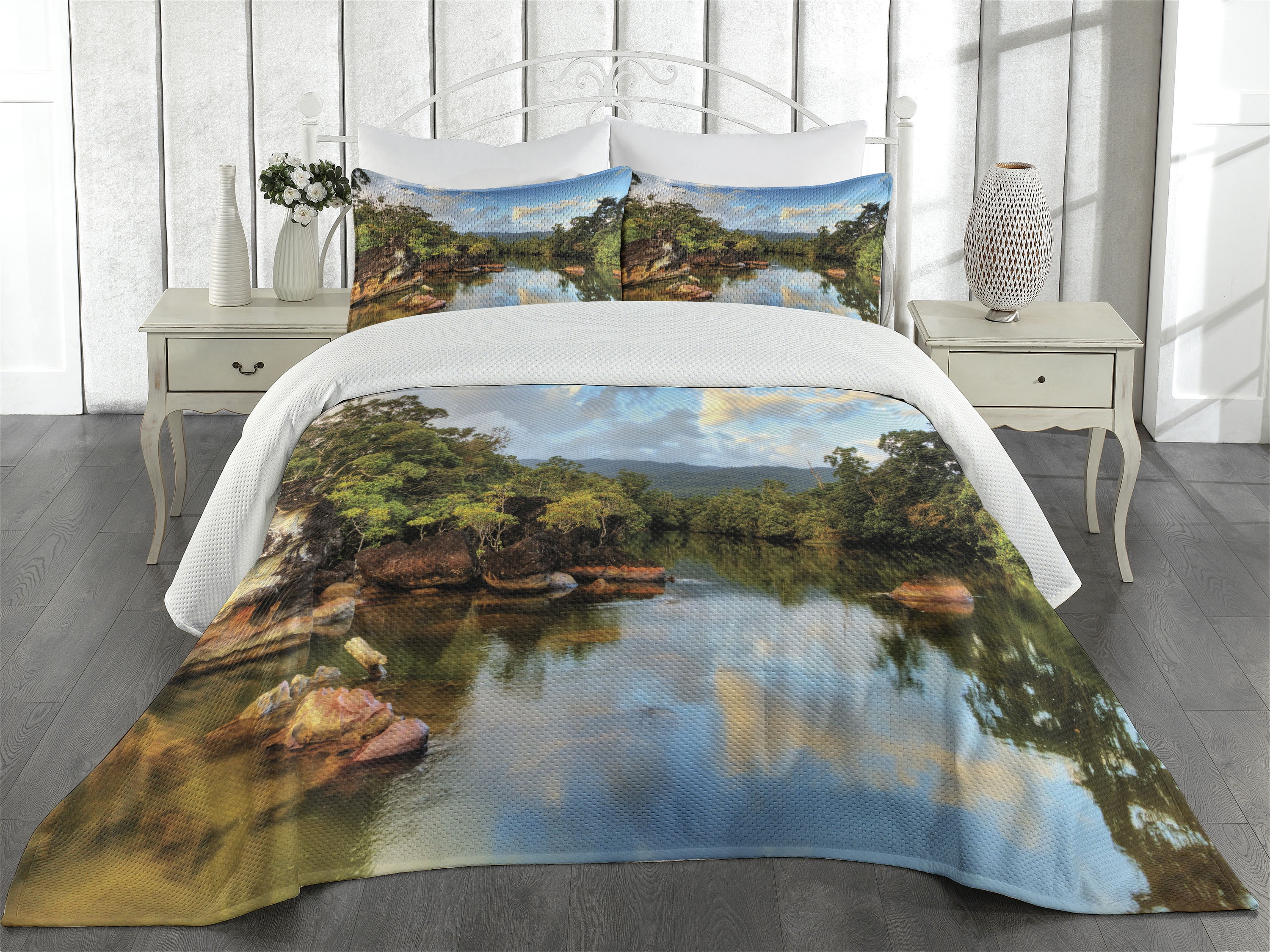 Ambesonne Tropical Quilted Coverlet 3 Pcs, View of Jungle River, King ...