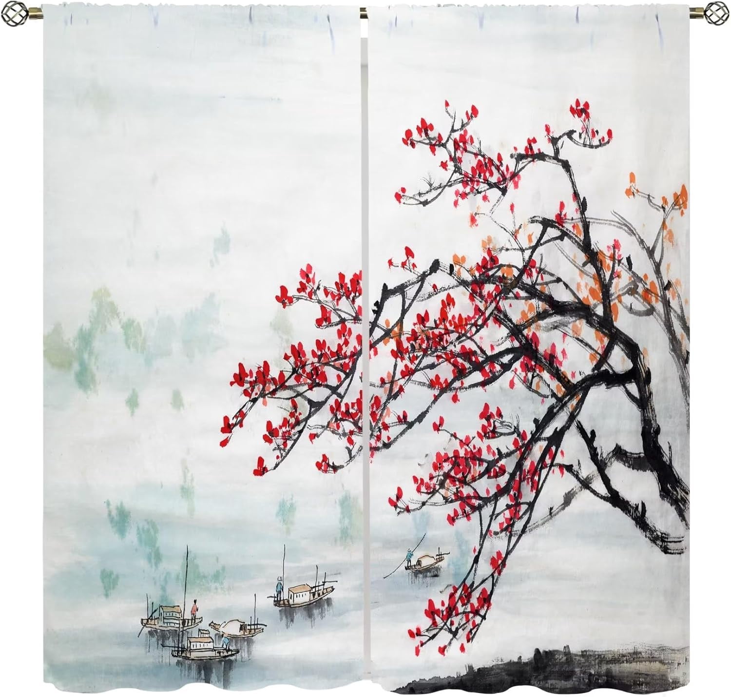 Asian Curtain Red Cherry Blossom Japanese Blossom Branch Oriental ...