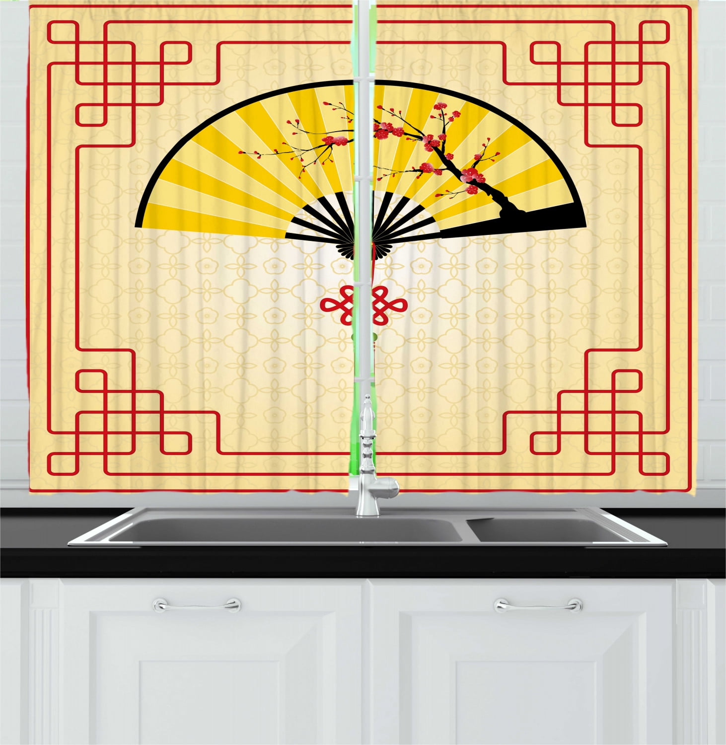 Asian Curtains 2 Panels Set, Japanese Culture Hand Fan with Cherry ...