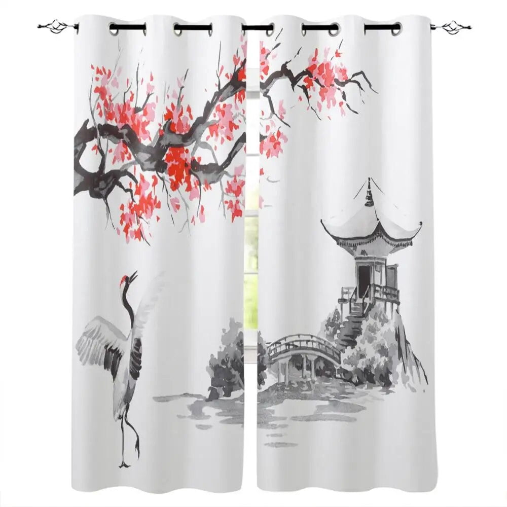 Asian Curtains Chinese Religion Temple Sakura Trees and Mountain Forms ...