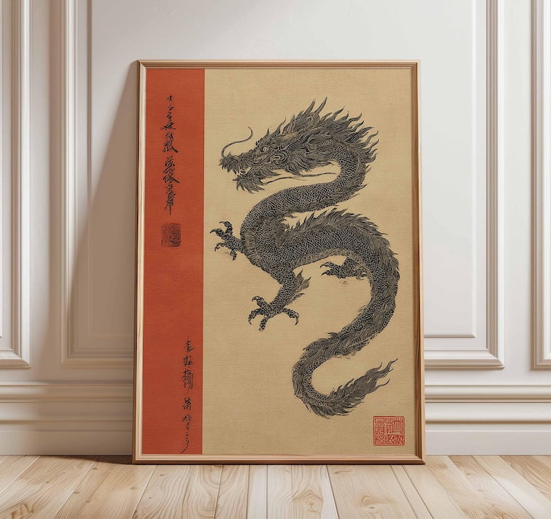 Asian Dragon Japanese Chinese Mythical Poster Wall Art Decor Vintage ...