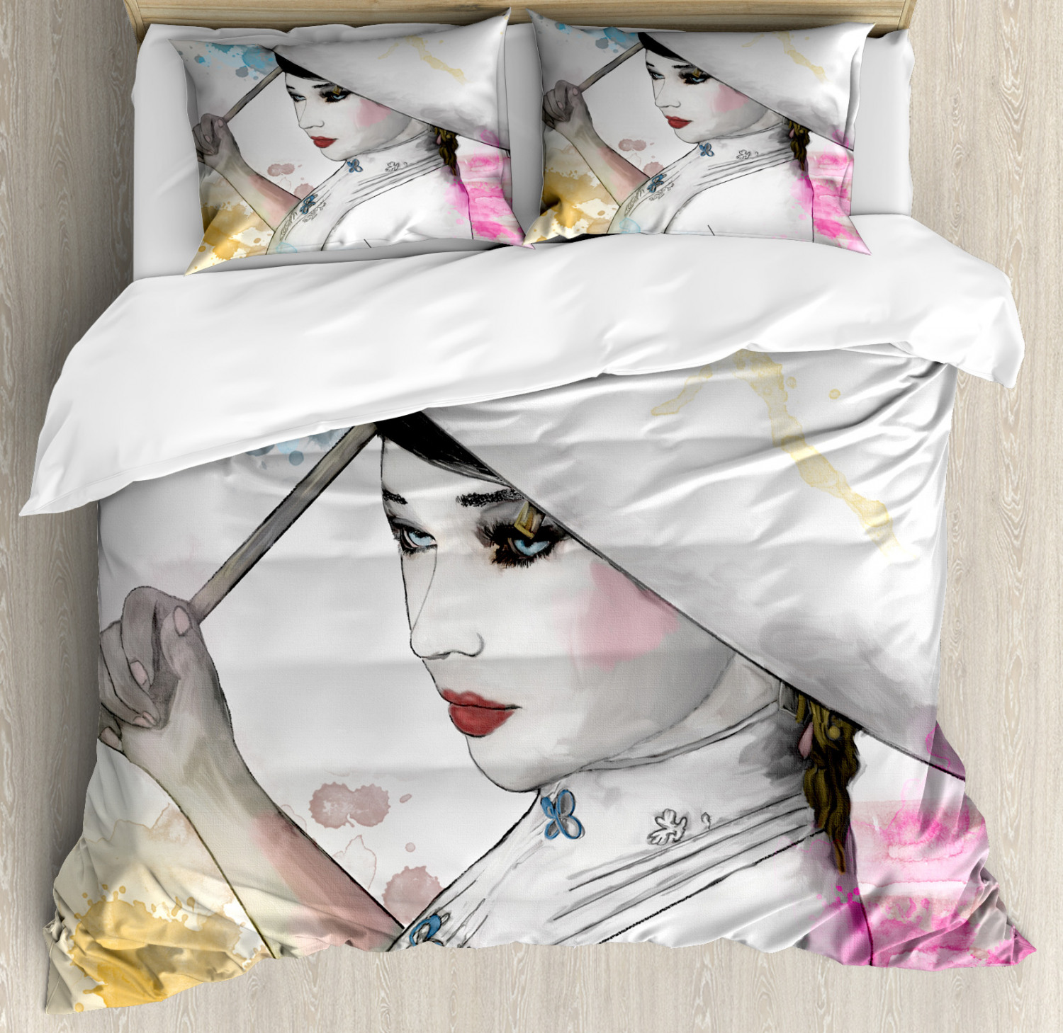 Asian Duvet Cover Set King Size, Eastern Woman Girl with Oriental ...