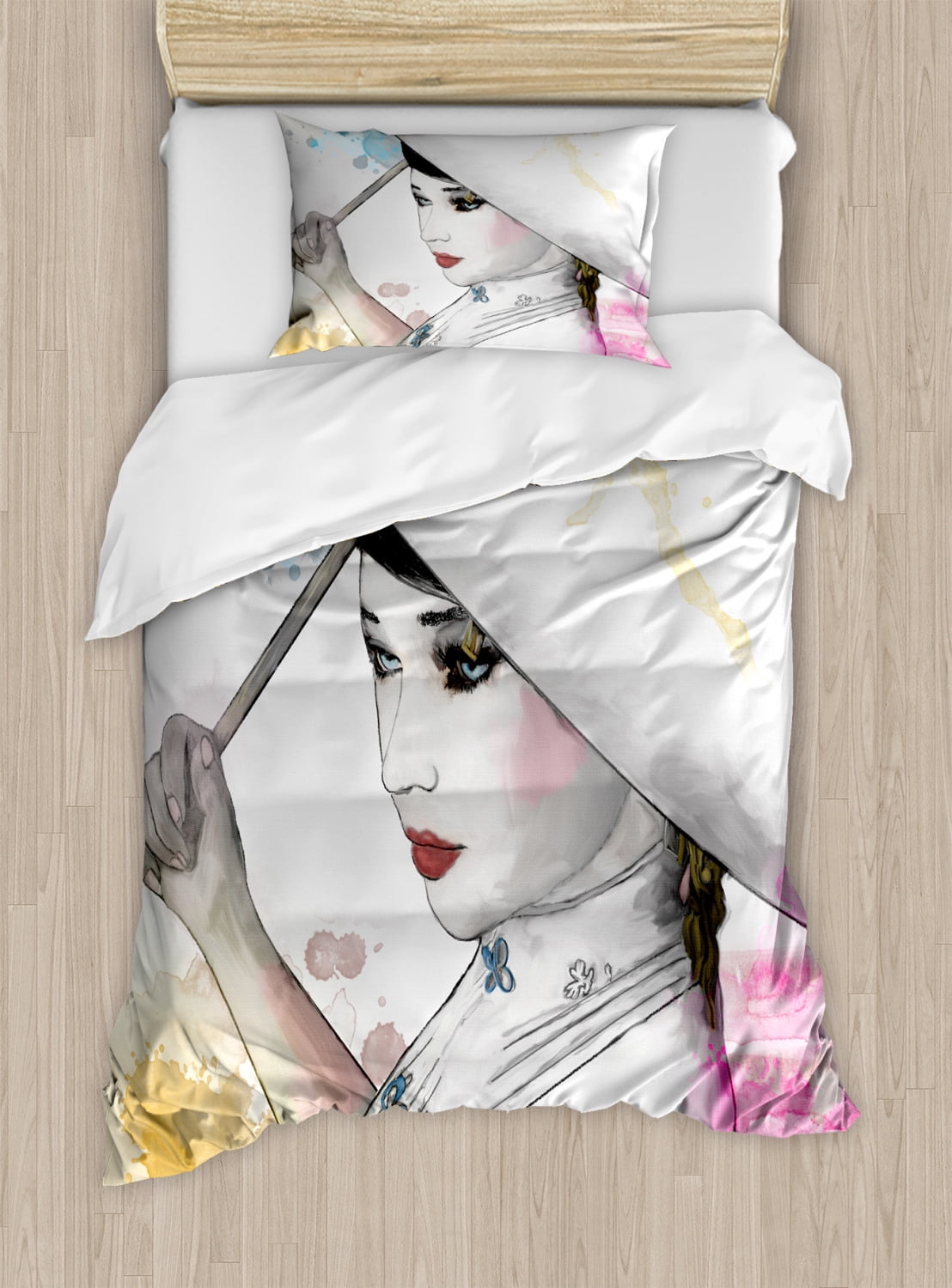 Asian Duvet Cover Set Twin Size, Eastern Woman Girl with Oriental ...