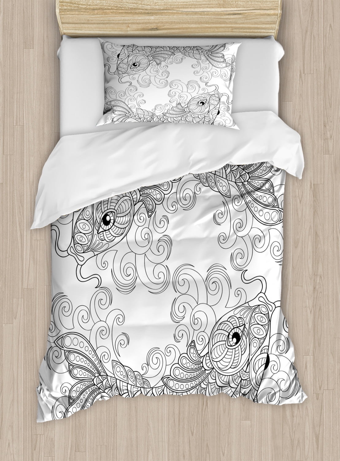 Asian Duvet Cover Set Twin Size, Traditional Koi Fish Pattern with ...