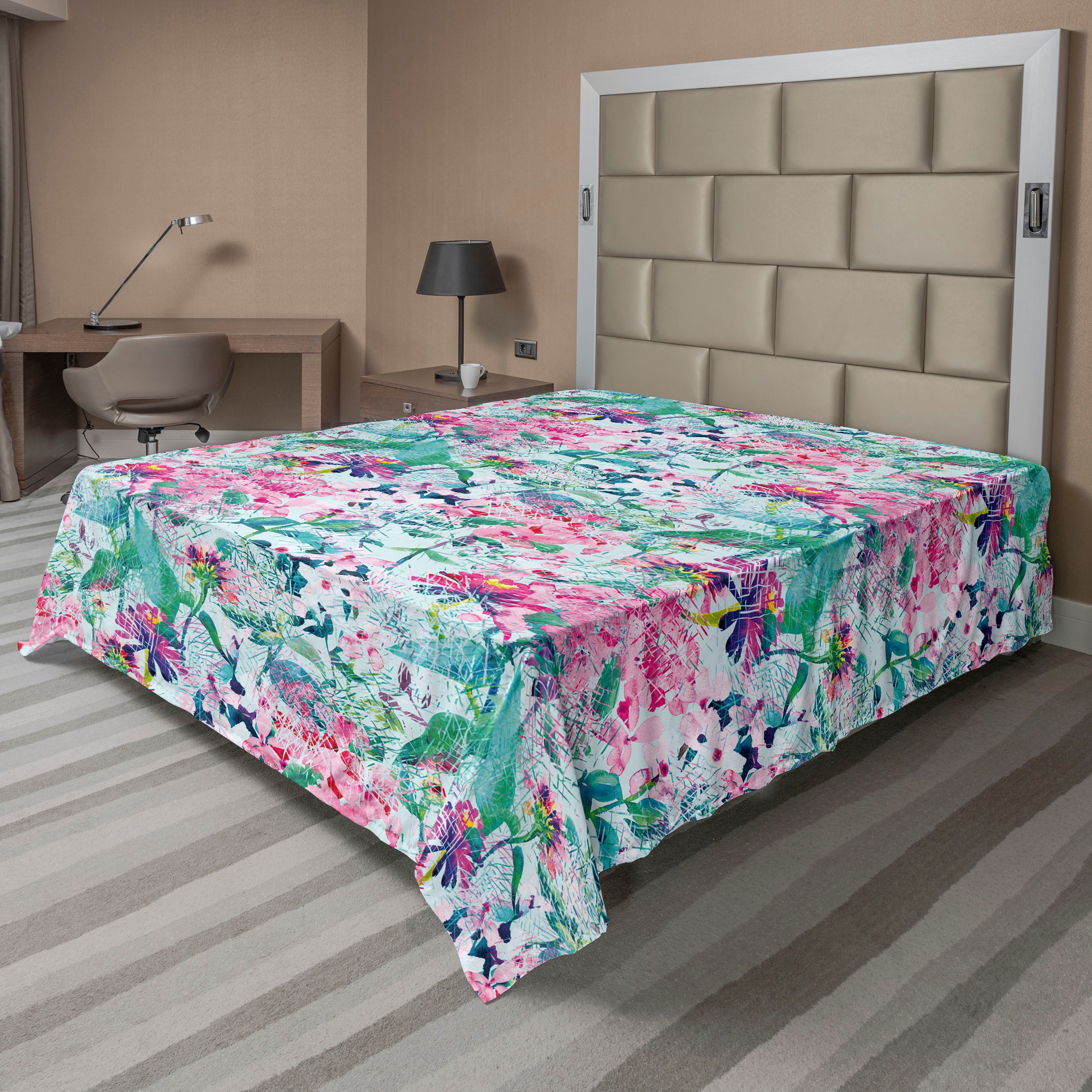 Asian Floral Flat Sheet, Grunge Design Japanese Sakura Flowers ...