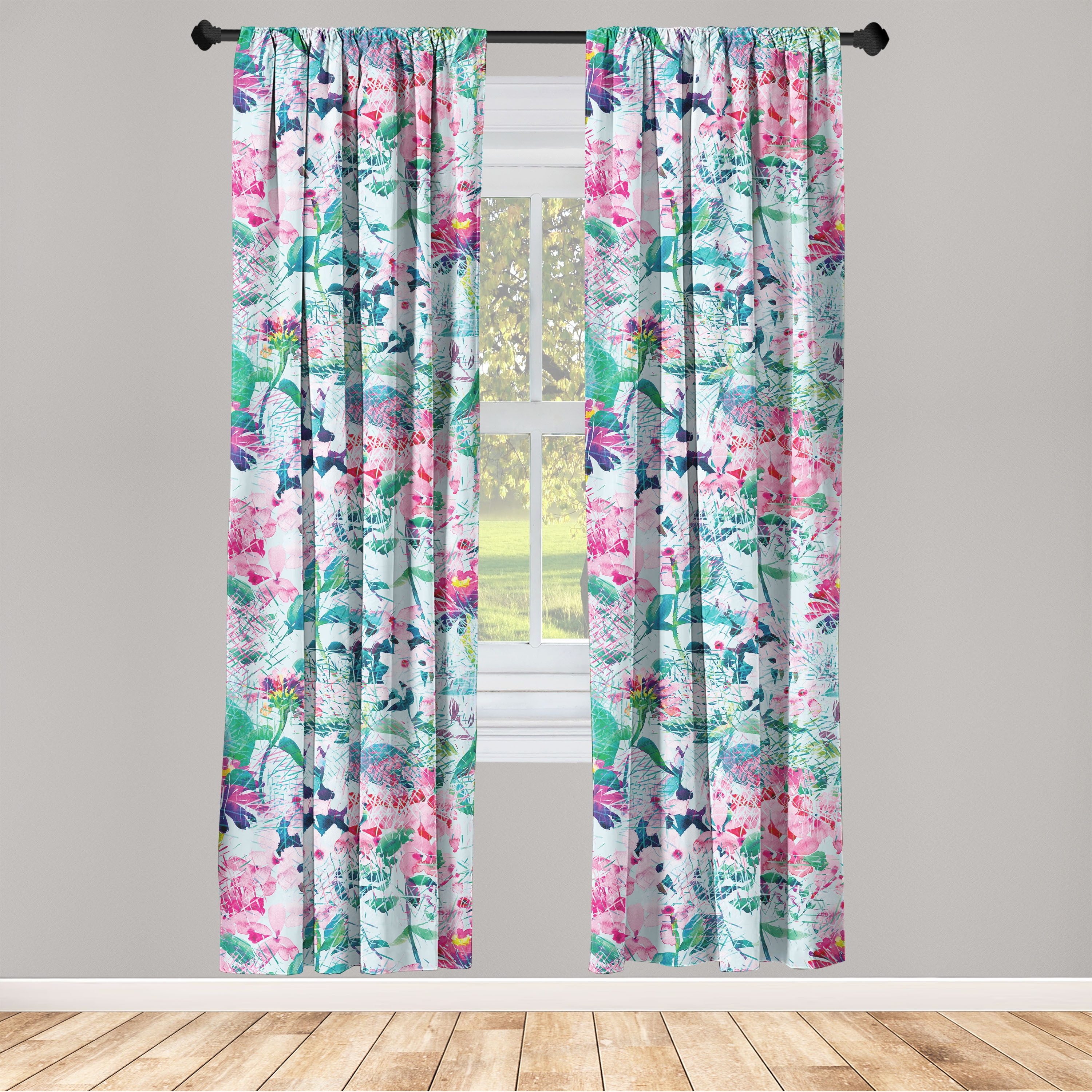 Asian Floral Window Curtains, Grunge Design Japanese Sakura Flowers ...