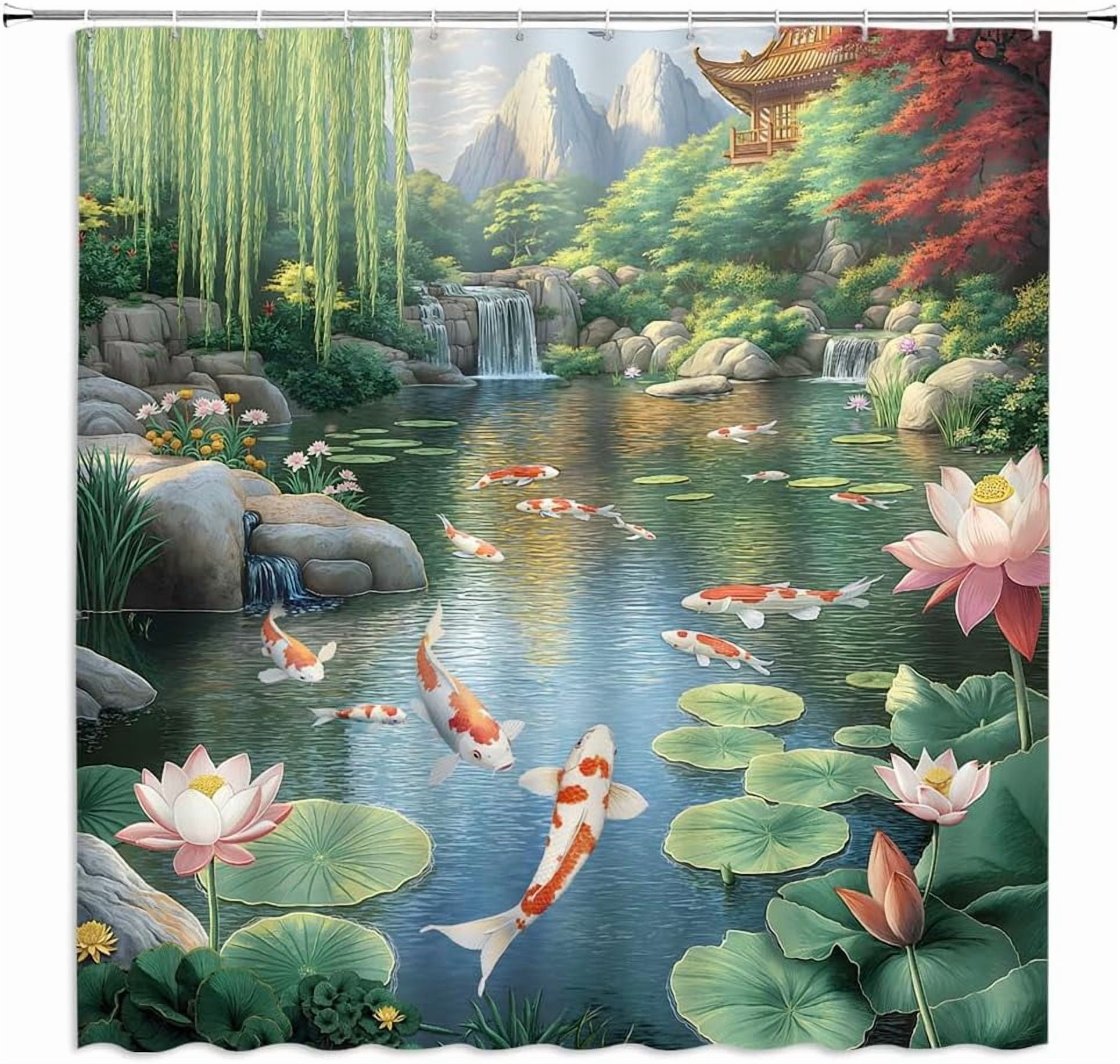 Asian Garden Shower Curtain Chinese Lotus Leaves Floral Red Fish Park ...