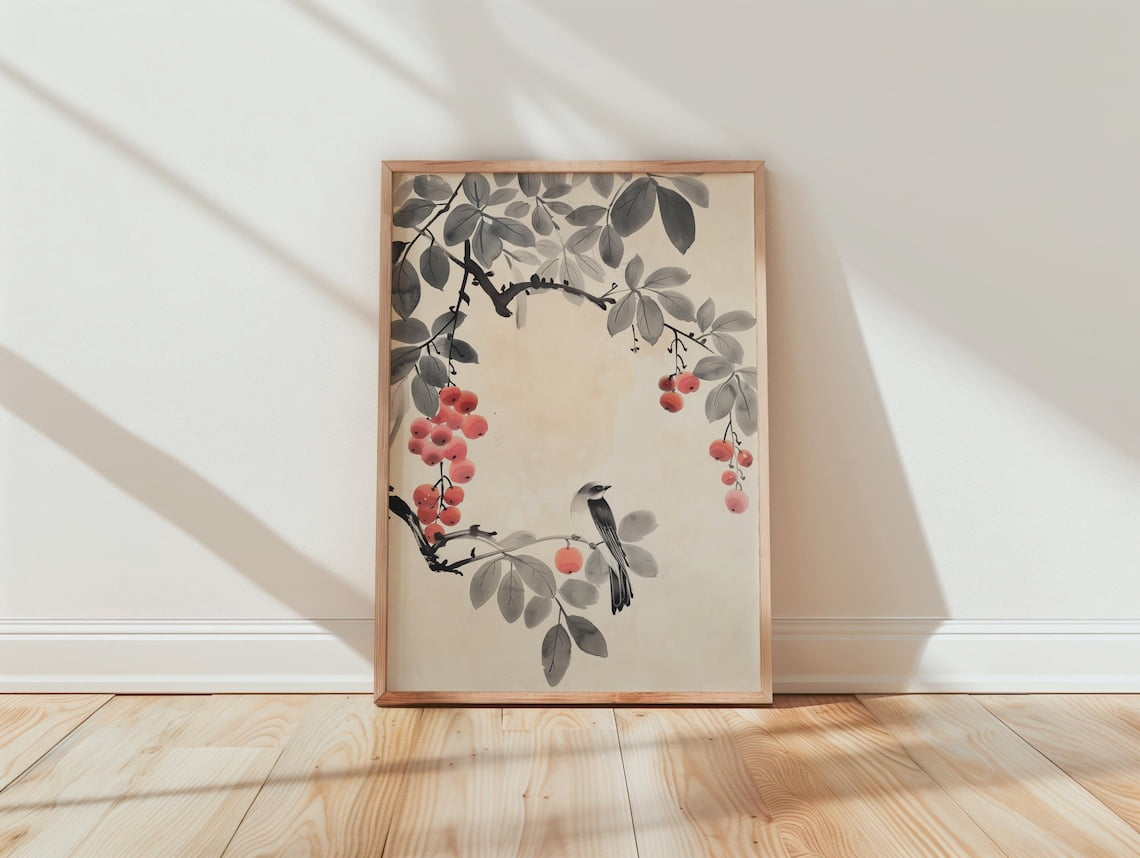 Asian Ink Wash Bird Art Print, Red Fruit Branch Decor, Living Room Wall ...