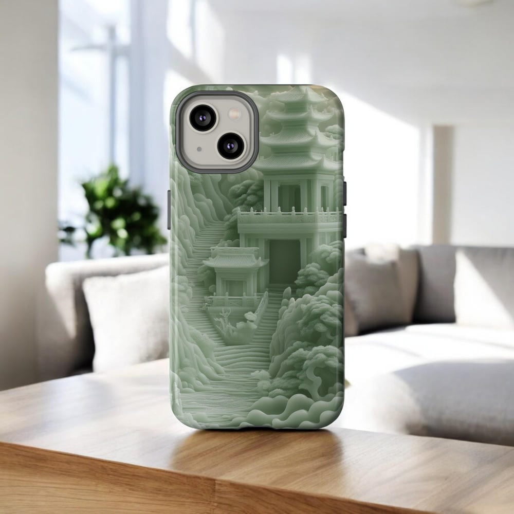 Asian Jade Carving Landscape Pagoda Phone Case 17 16 15 14 13 12 11 Pro ...