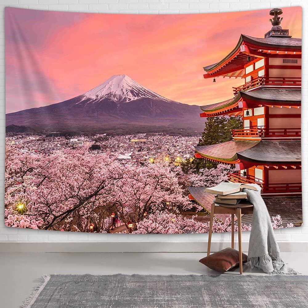 Asian Japanese Tapestry Wall Hanging Japan Pagoda Mountain Fuji Spring ...