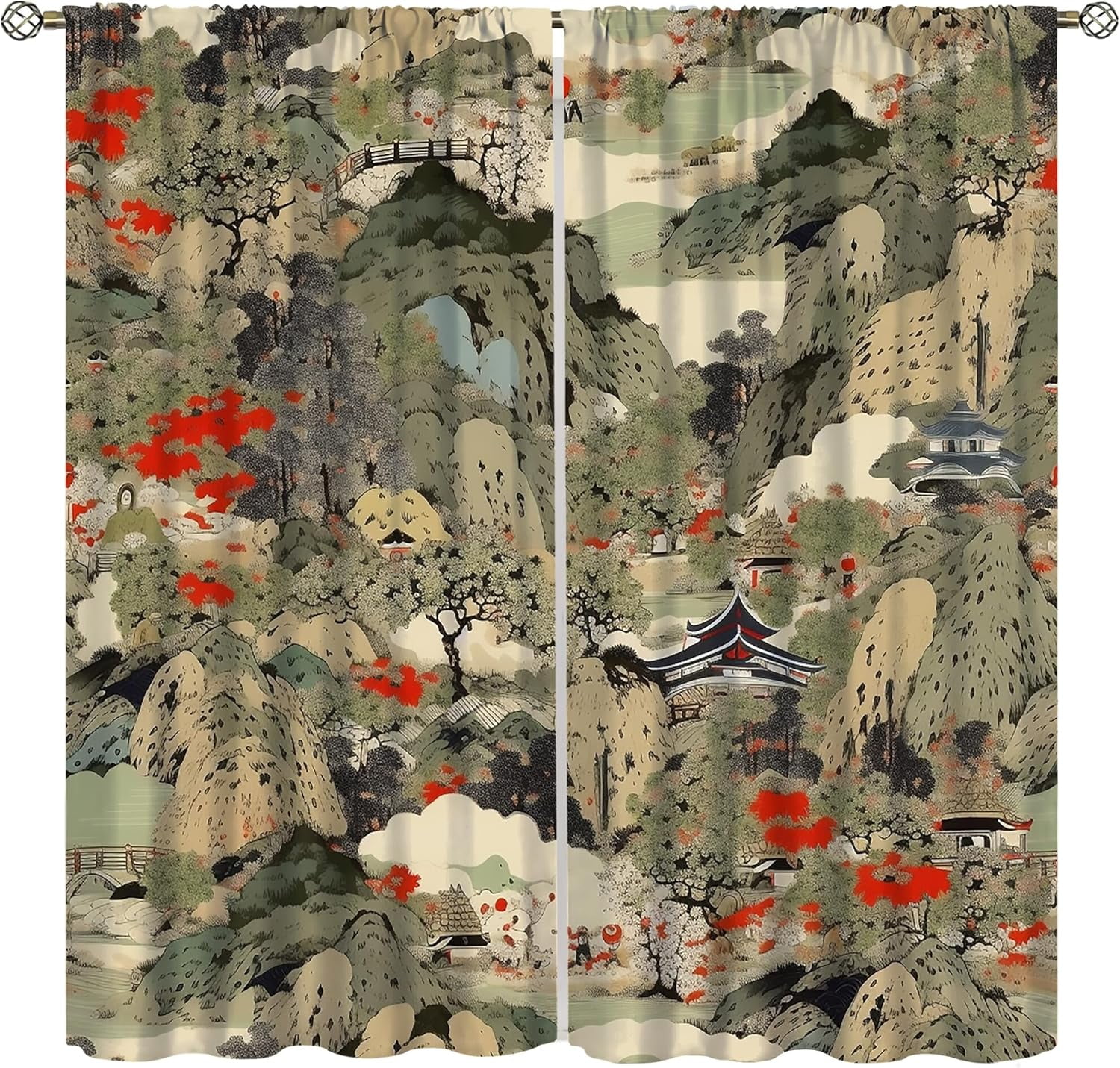 Asian Kitchen Curtains, Traditional Chinese Painting Landscape Sakura ...