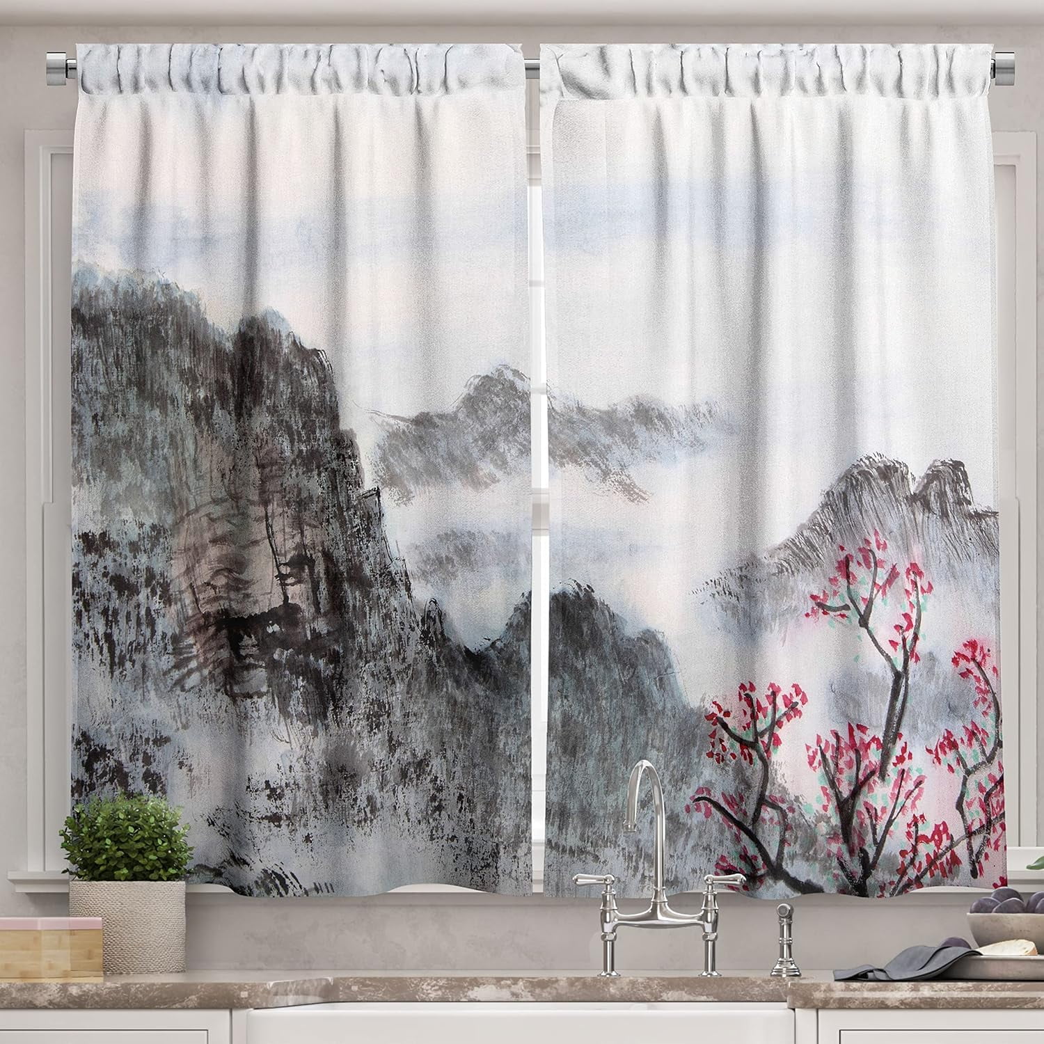 Asian Kitchen Curtains, Traditional Chinese Painting Landscape Sakura ...