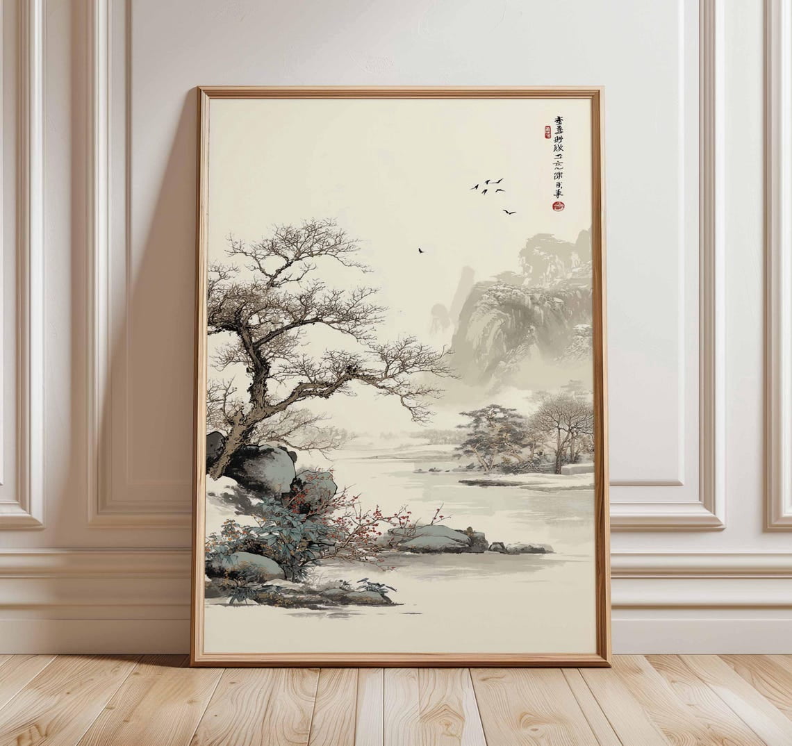 Asian Landscape Japanese Ink Painting Tranquil Mountain River Scene ...