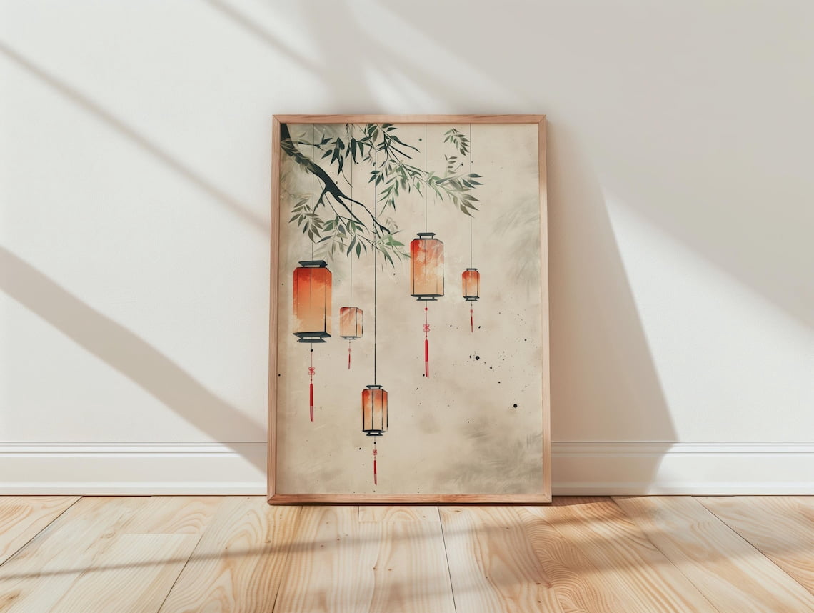 Asian Lantern Wall Art, Hanging Oriental Decor, Orange Green Foliage ...