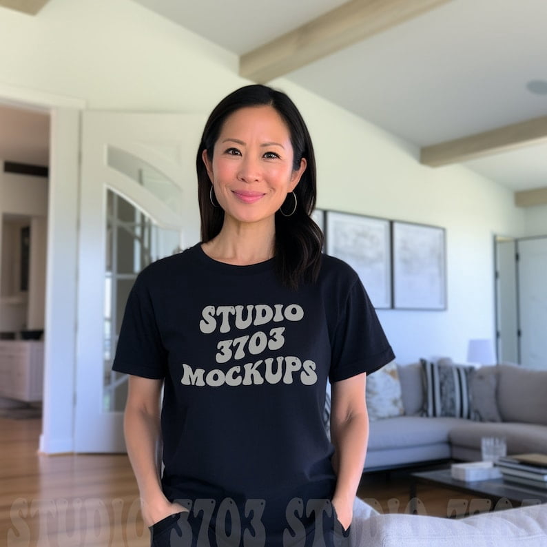 Asian Model Mockup, Black Shirt Mock Up, Curvy Model Mock Up Black T ...