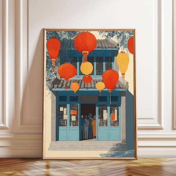 Asian Night Market Teal Shopfront Red And Gold Lanterns Wall Art Print ...