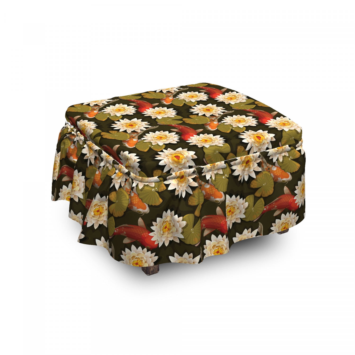 Asian Ottoman Cover, Japan Inspired Lotus Koi, 2 Piece Slipcover Set ...