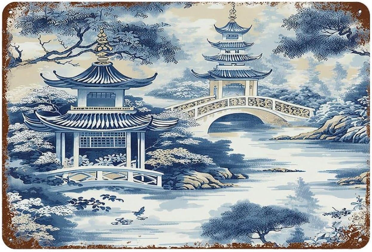Asian Pagoda White Blue Metal Tin Sign Turquoise Pagoda Euro Sham ...