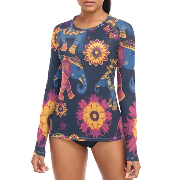 Asian Pattern with Elephants Women's Rash Guard Shirts UPF 50+ Sun ...