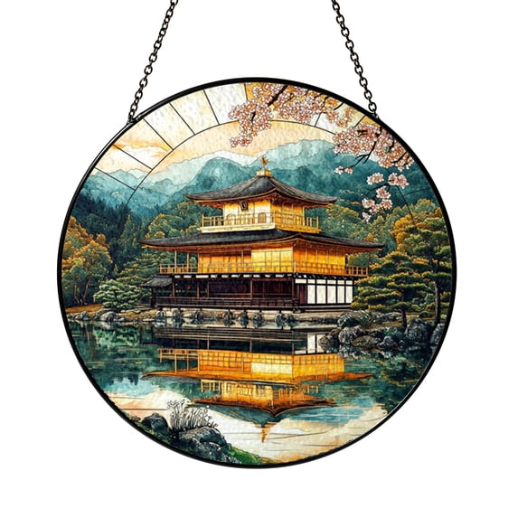 Asian Pavilion Garden Stained Glass Suncatcher, Landscape Window Decor ...