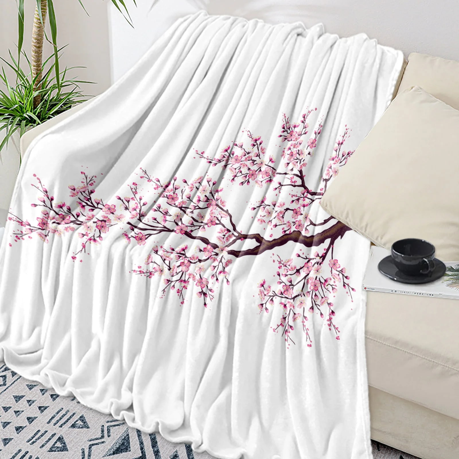 Asian Pink Cherry Blossom Throw Blanket Portable Warm Blanket Blankets ...