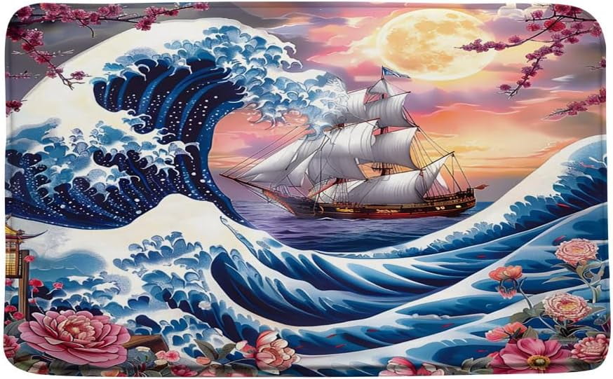 Asian Pirate Ship Bath Mat Nautical Great Waves Sailing Boat Full Moon ...