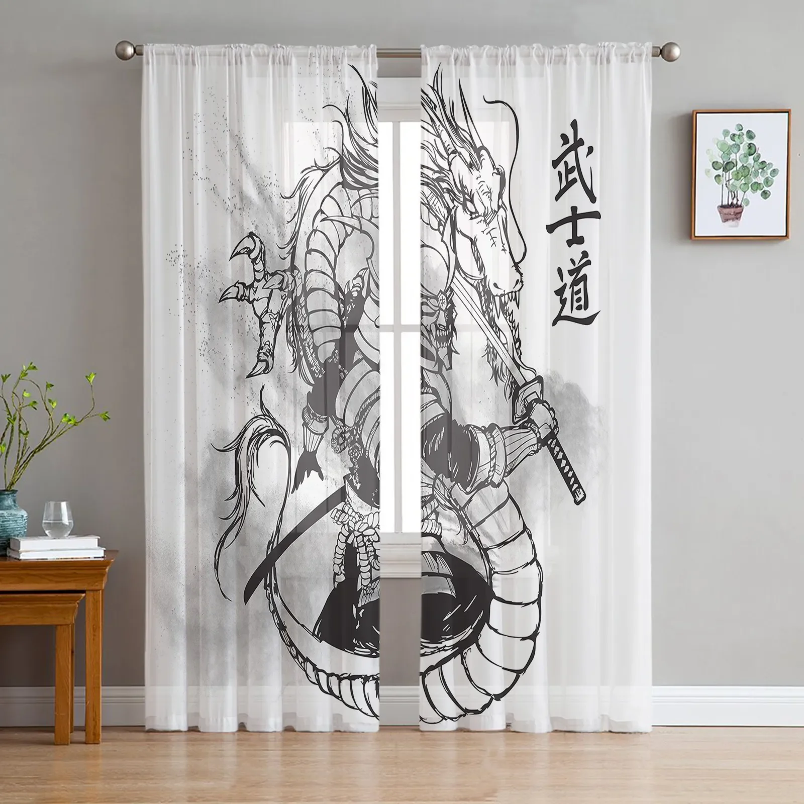 Asian Red Angry Dragon Chiffon Sheer Curtains for Living Room Bedroom ...