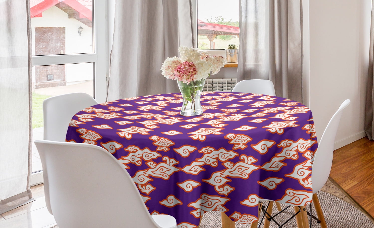 Asian Round Tablecloth, Indonesian Batik with Abstract Swirl Shapes ...