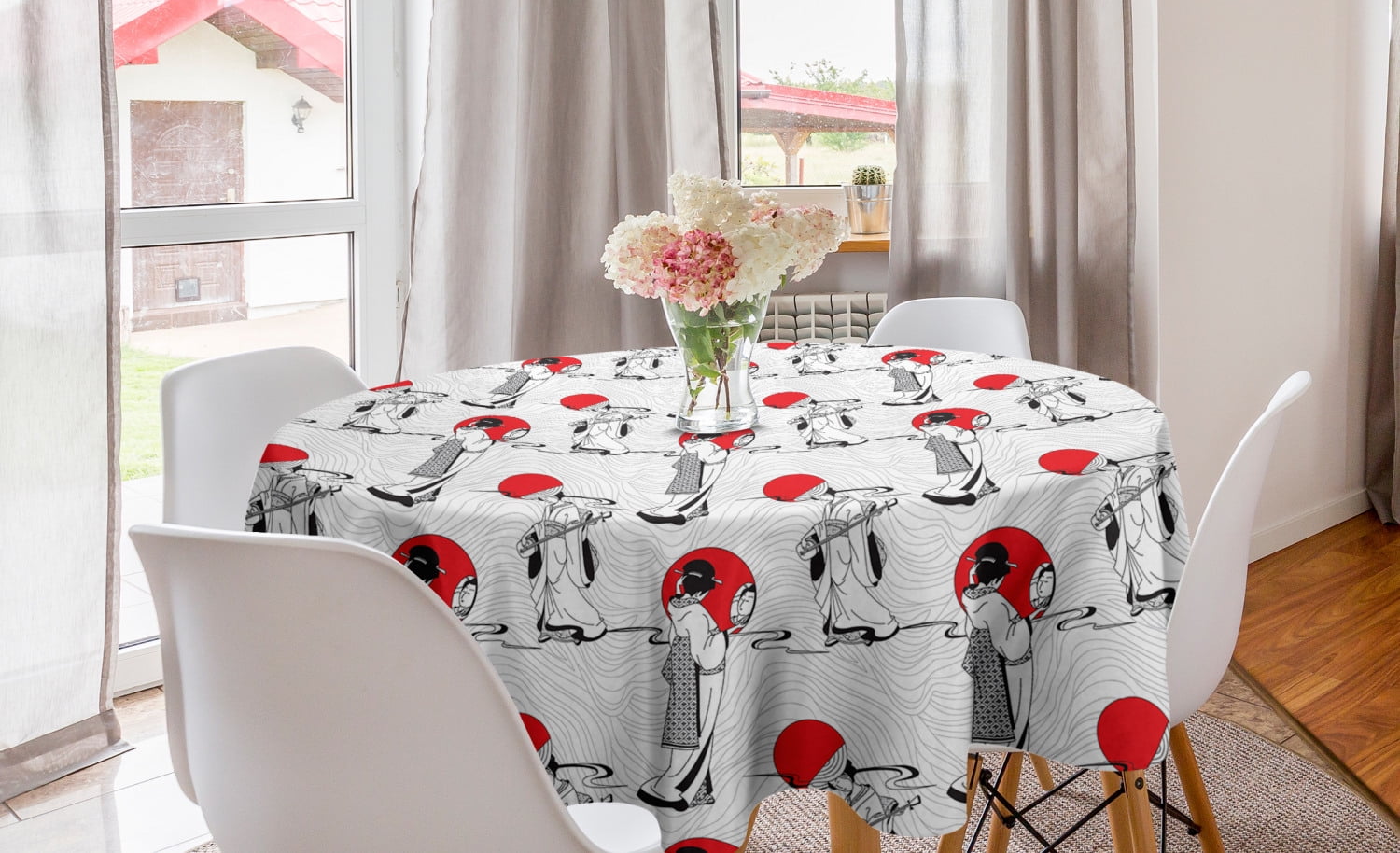 Asian Round Tablecloth, Japanese Geisha Girl with Traditional Kimono ...