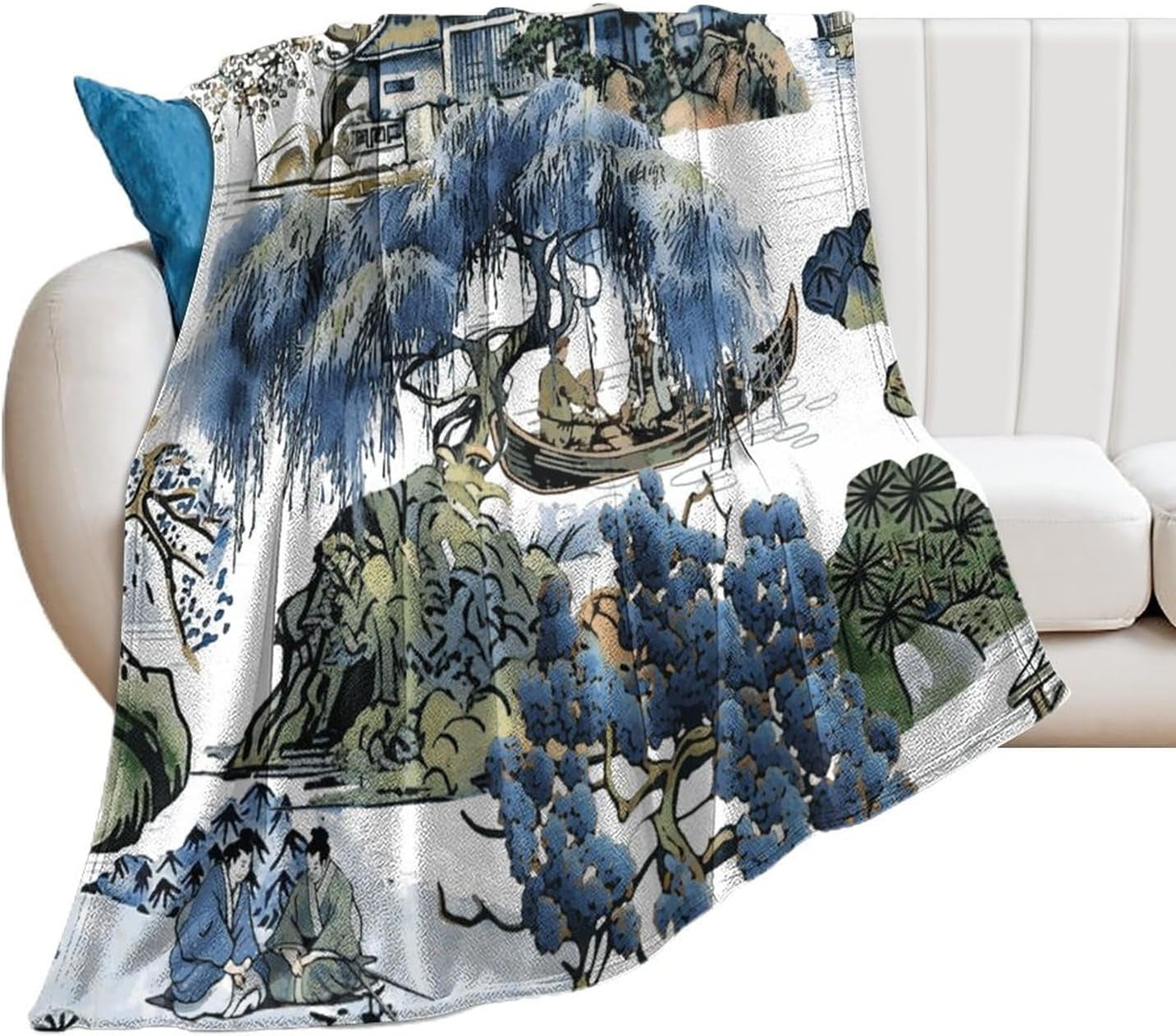 Asian Scenic in Blue and Kelly Green Chinoiserie Decorative Blanket ...