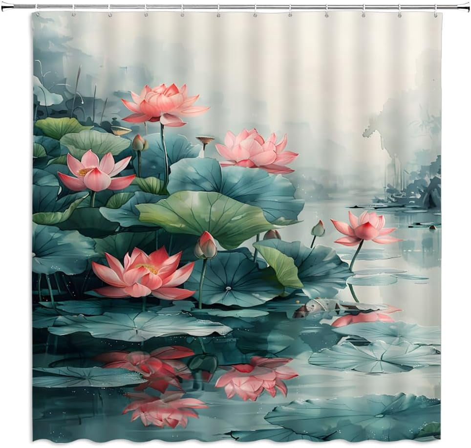 Asian Shower Curtain Lotus Leaves Floral Chinese Japanese Natural ...