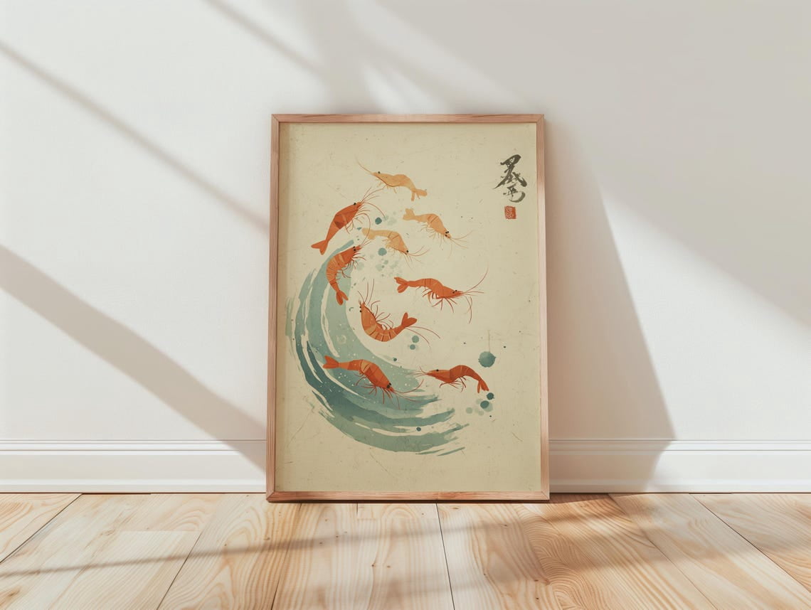 Asian Shrimp Teal Orange Kitchen Wall Art Poster Unframed Paper Print ...