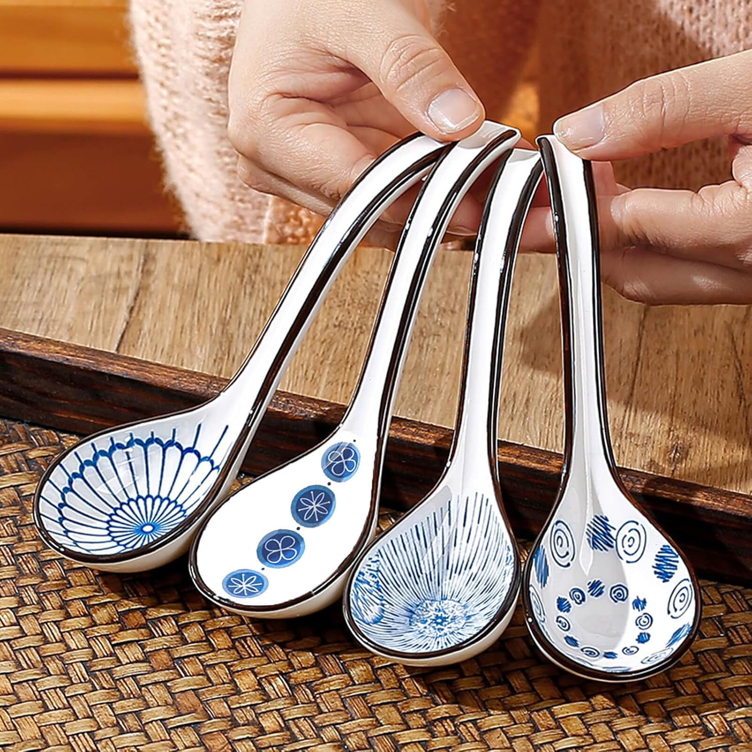 Asian Soup Spoon Set of 4, Ceramic Soup Spoons, 6.5 inch Soup Spoon Set ...
