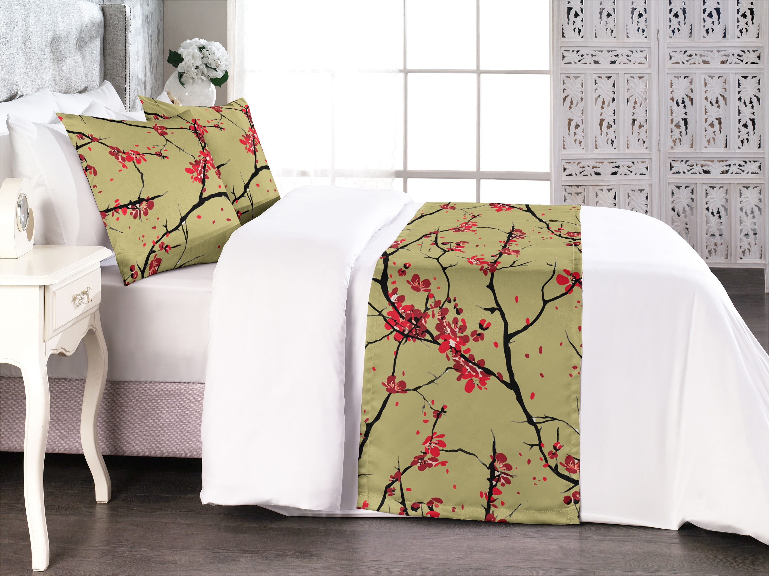 Asian Spring Bed Runner Set, Vintage Japanese Inspirations Leafy Branches Romantic Aura Art ...