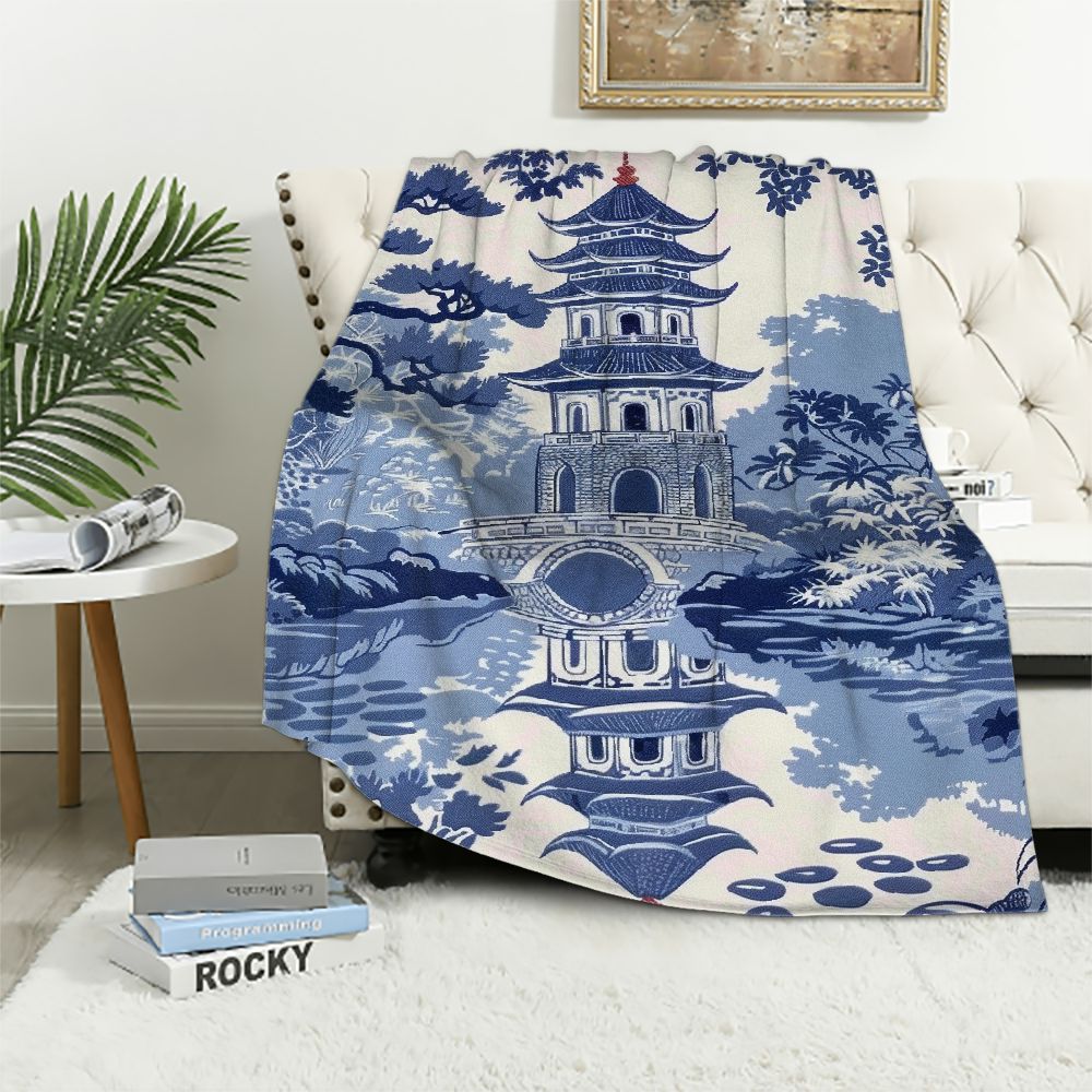 Asian Style Blanket Chinoiserie Blue Asian Pagoda Throw Blanket ...