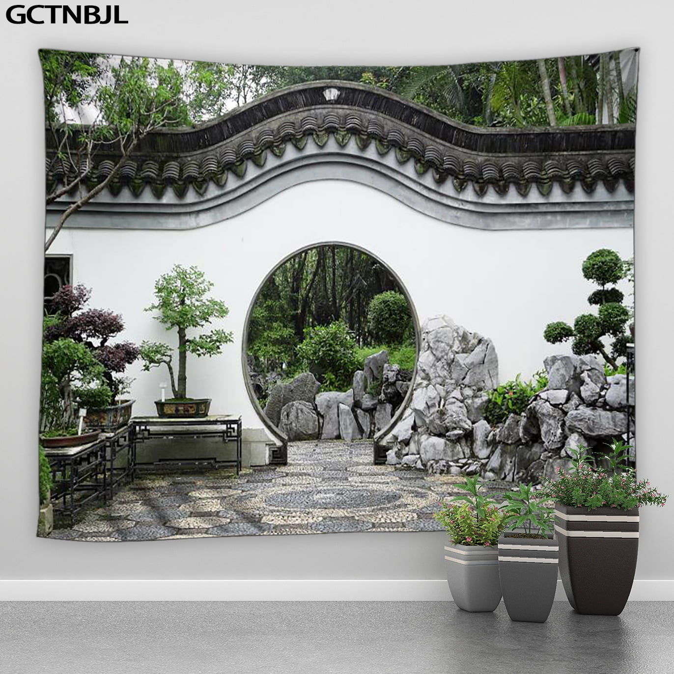 Asian Style Garden Tapestry Wall Hanging Arch Courtyard Landscape ...
