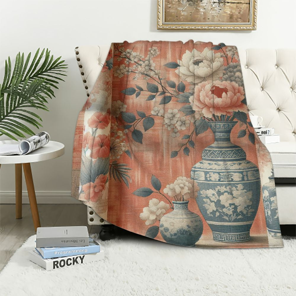 Lingy Asian Style Throw Blanket Chinoiserie Decor Ginger Jar Red Travel ...