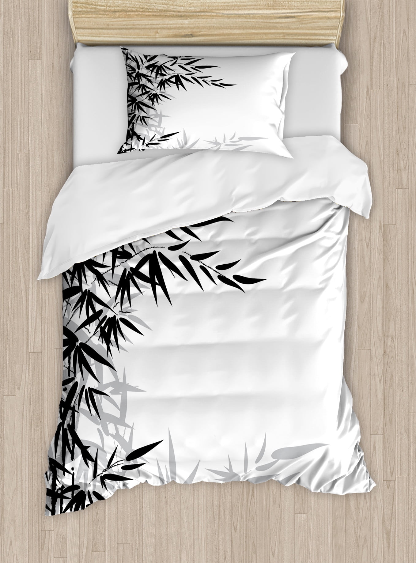 Asian Themed Duvet Cover Set, Asian Boho Feel Monochrome Leaf ...
