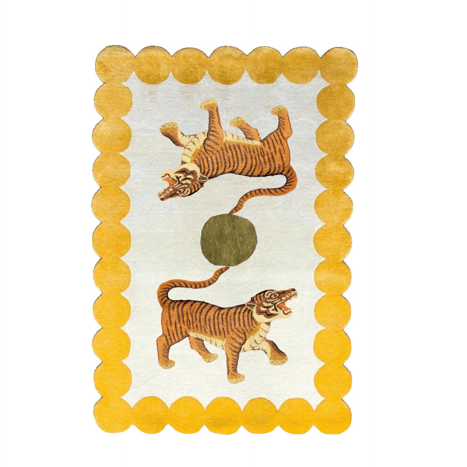 Asian Tigers and the Sun Hand on Yellow and Beige Tufted Wool Rug ...