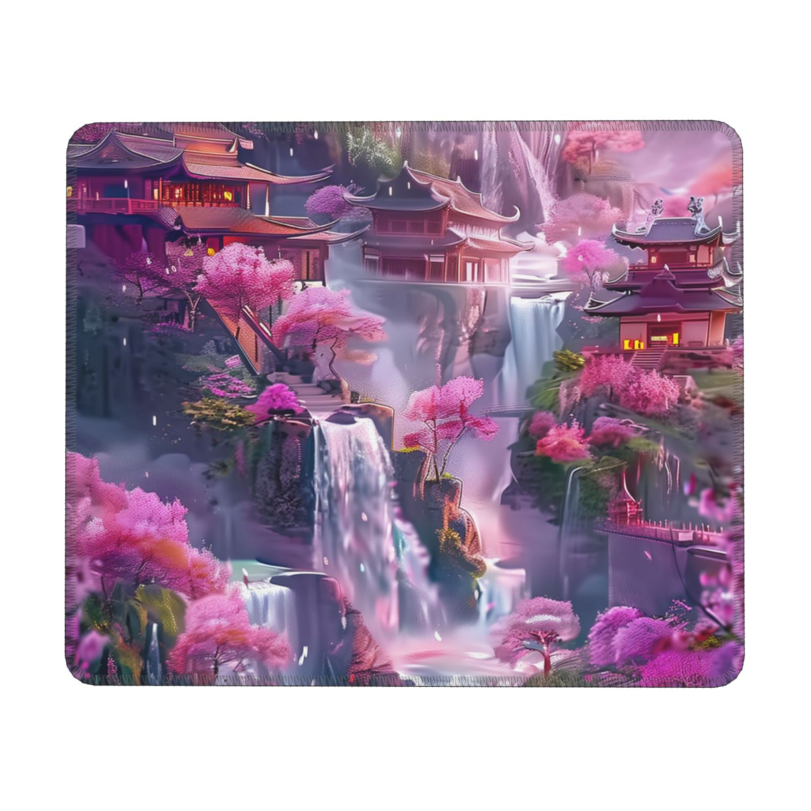 Asian-style buildings amidst cherry blossoms and waterfalls Customized ...