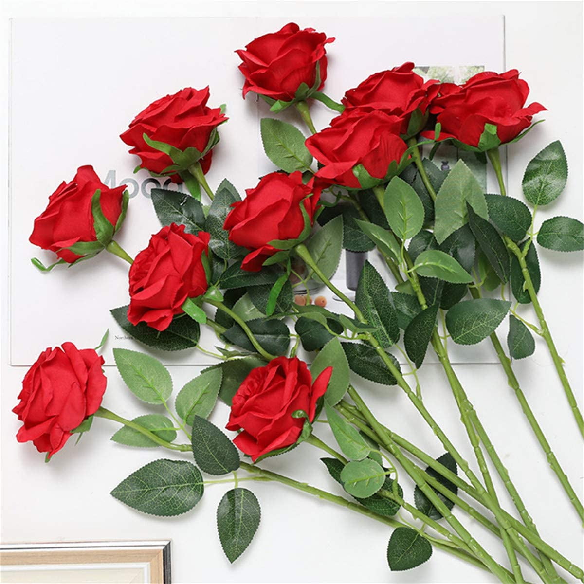 Asisol Artificial Flowers Fake Silk Roses, 10PCS Faux Real Touch Roses Bouquet with Long Stem ...