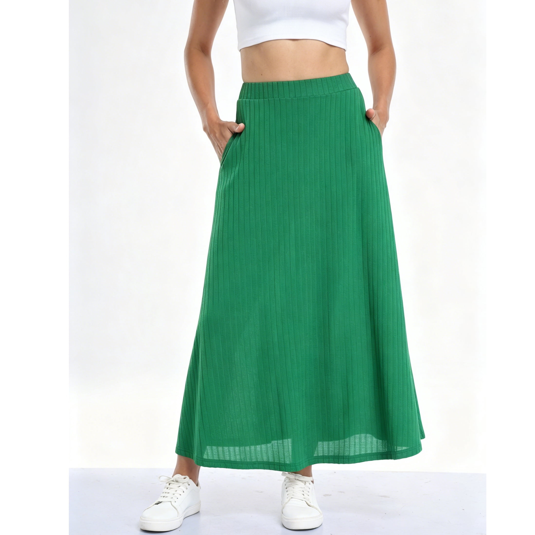 AskLazy Women's Ribbed Knit Maxi Skirt with Pockets,High Waisted Flowy ...