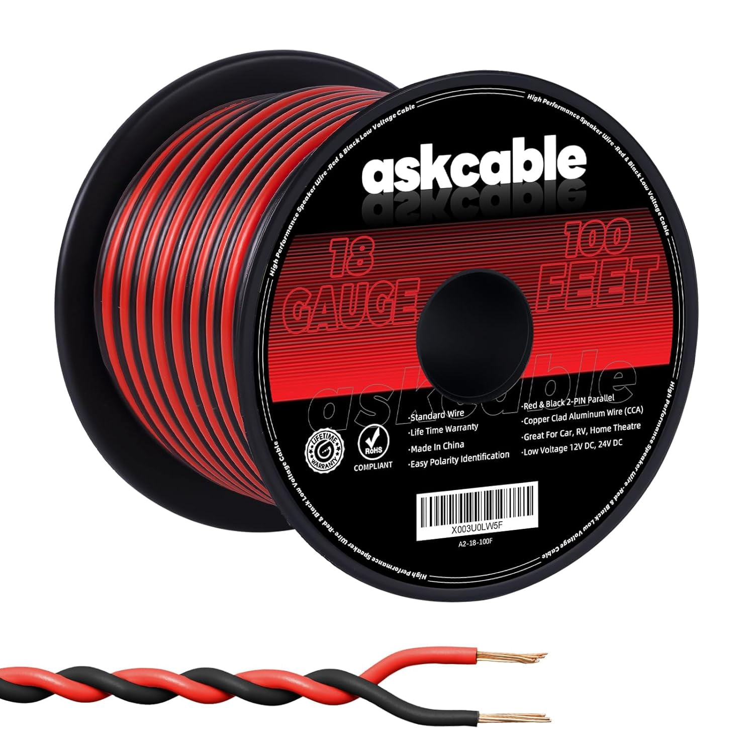Askcable 18 Gauge 100 Feet Speaker Wire Cable 18AWG Speaker Wire 2 ...