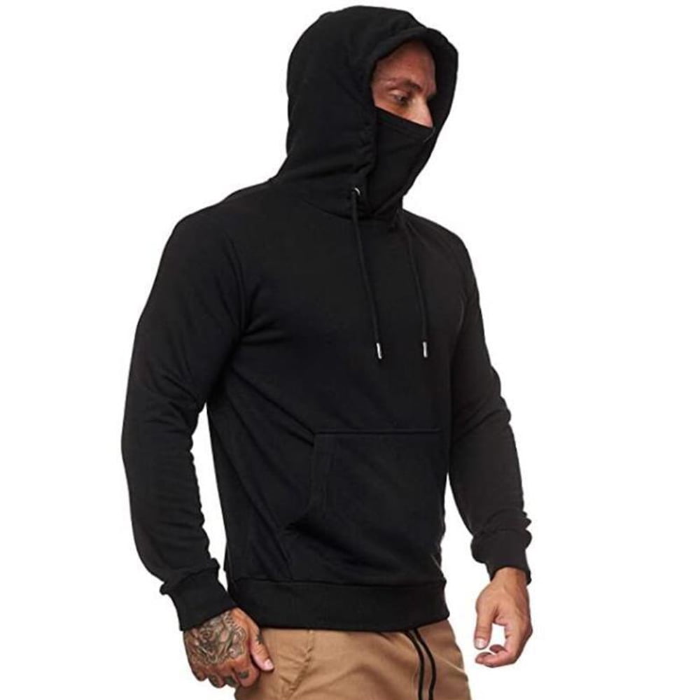Askfv Men's Fashion Mask Hoodie Lightweight Sweatshirt Solid Color Long ...