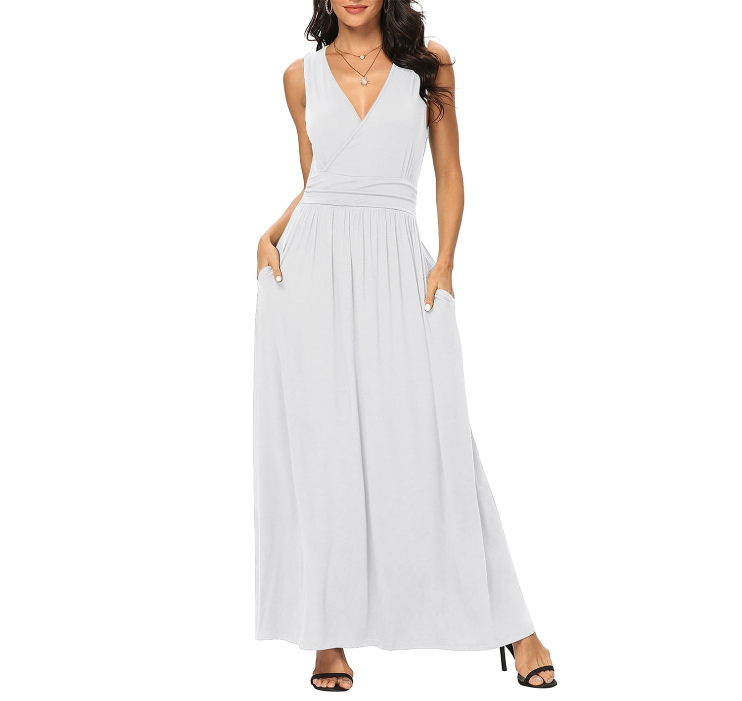 Asklazy Women Sleeveless Deep V Neck Loose Plain Long Maxi Casual Dress ...