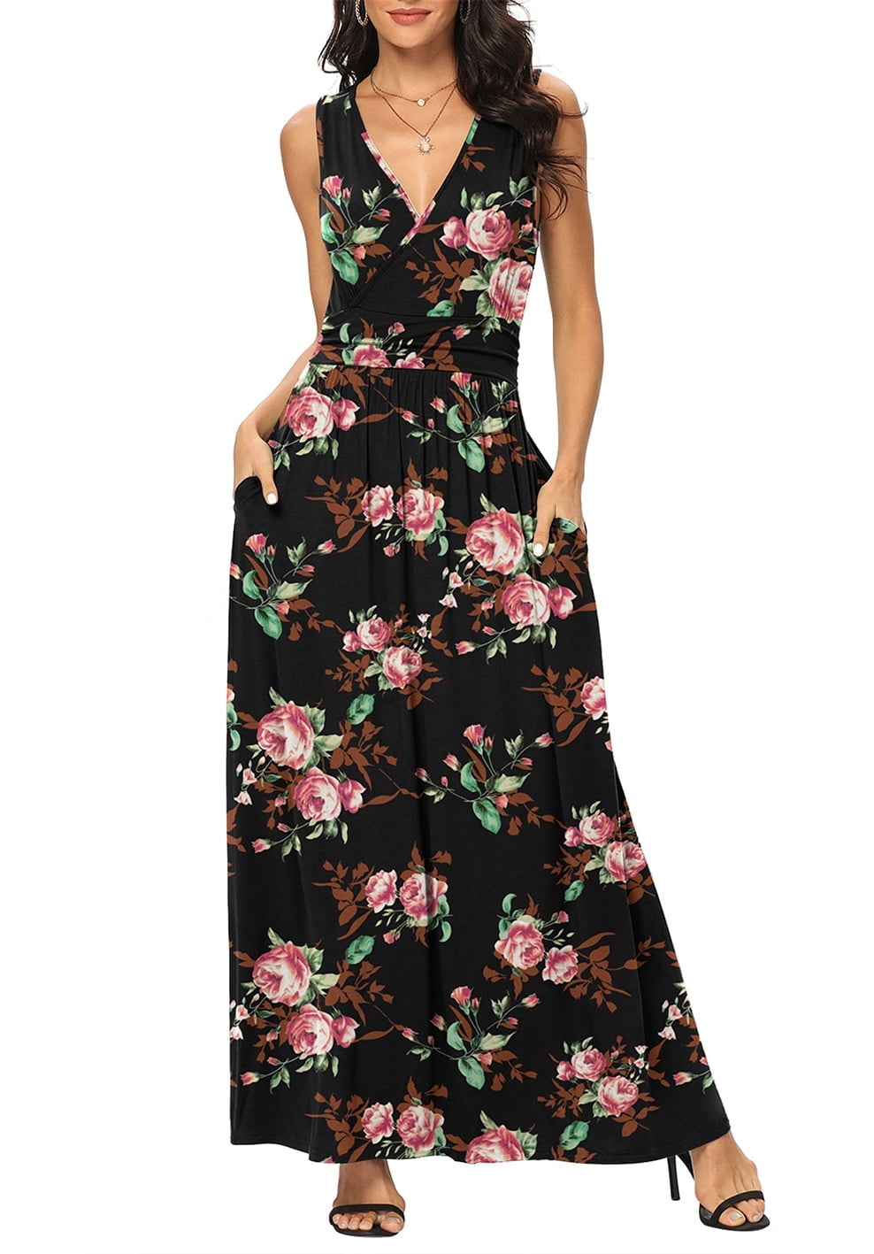 Asklazy Women Sleeveless Deep V Neck Loose Plain Long Maxi Casual Dress ...