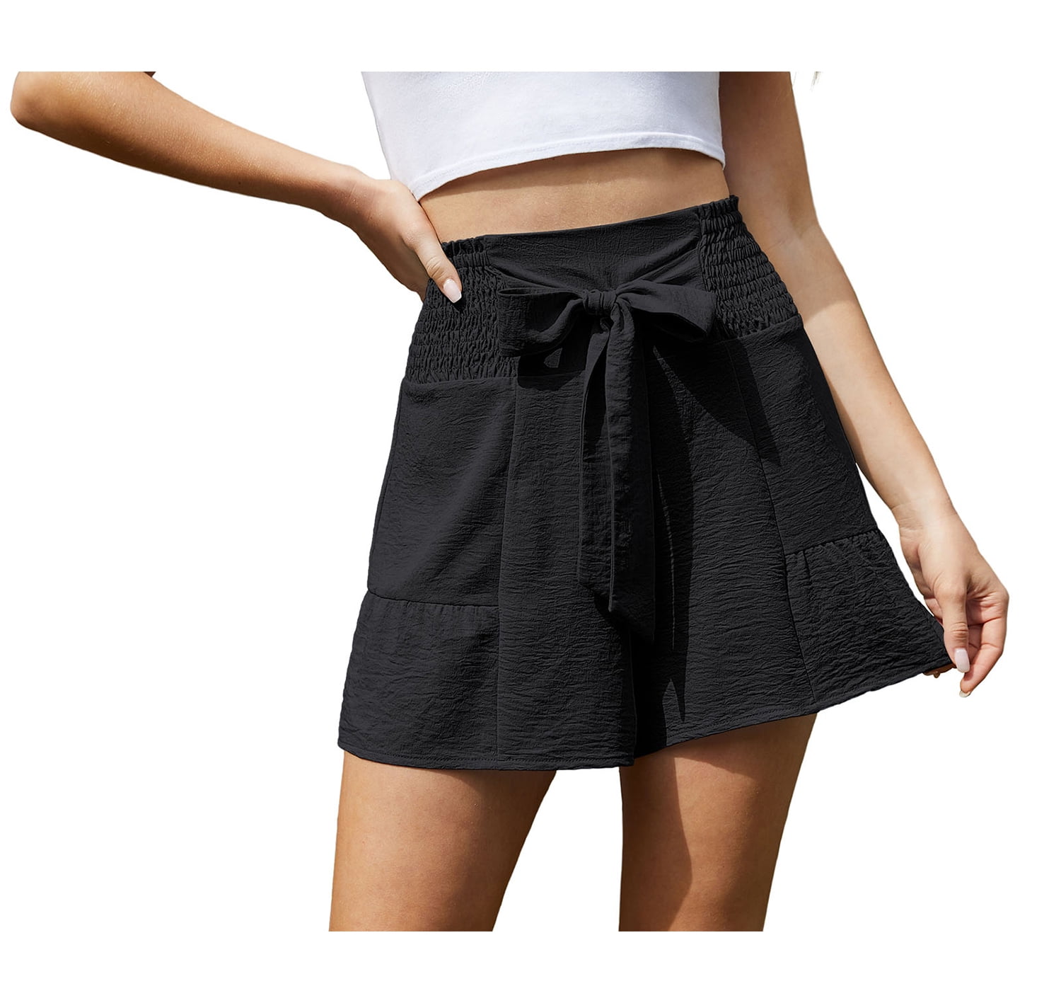 Asklazy Women's Casual Wide Leg Shorts Without Pockets High Waisted Tie ...